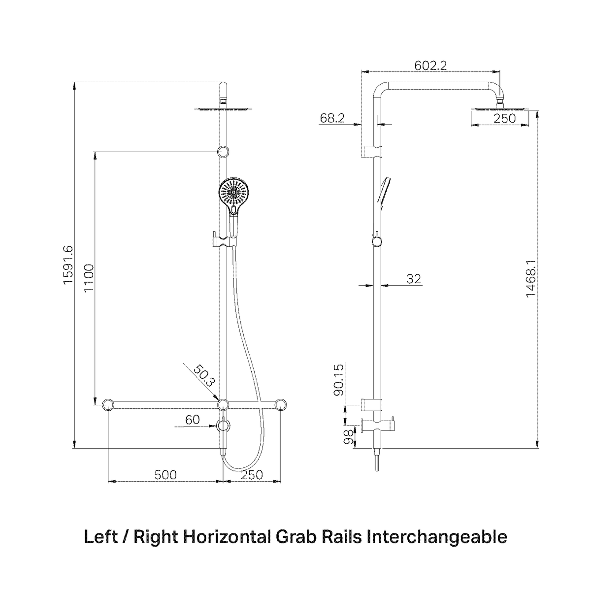 MECCA CARE 32MM T BAR GRAB RAIL 1100X750MM TWIN SHOWER SET MATTE BLACK ...